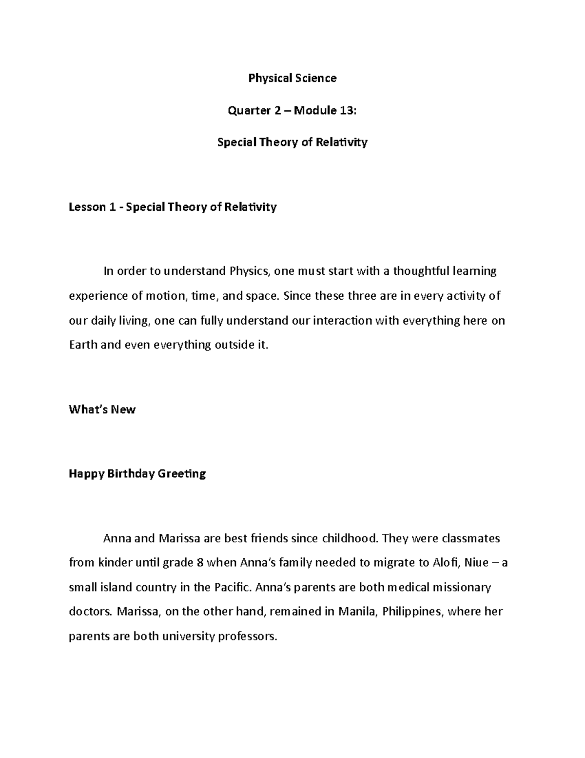 Physical Science - Special Theory of Relativity - Physical Science ...