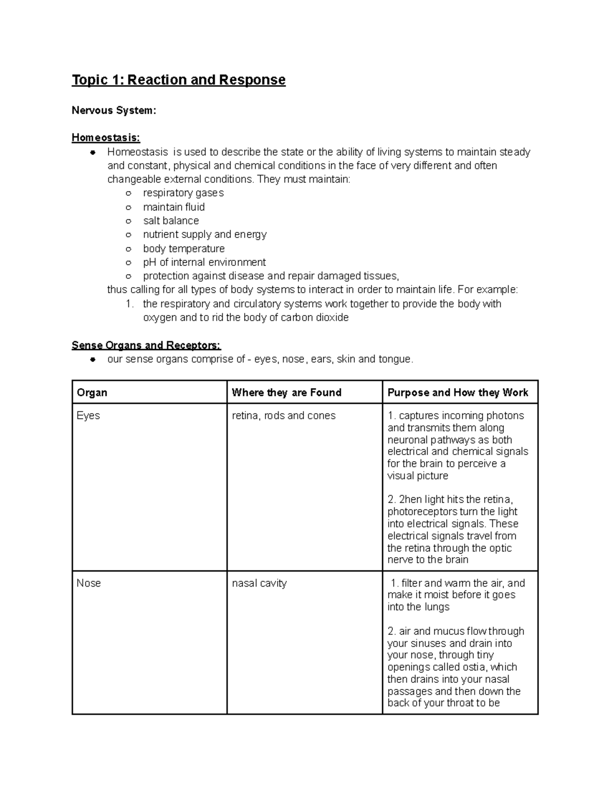 Year 10 Science Notes - Topic 1: Reaction and Response Nervous System ...