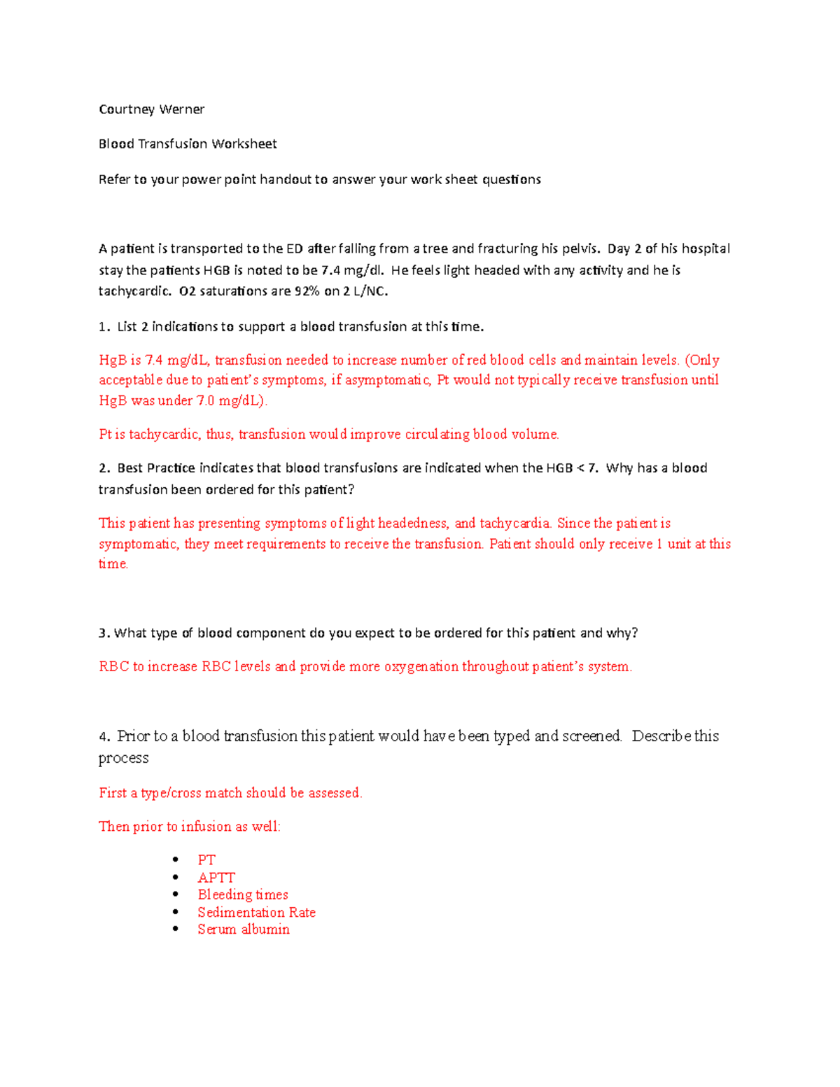 Blood Transfusion Worksheet - Courtney Werner Blood Transfusion ...