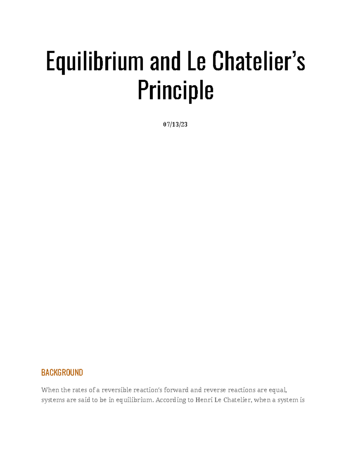 Lab Report - Equilibrium and Le Chatelier’s Principle 07/13/ BACKGROUND ...