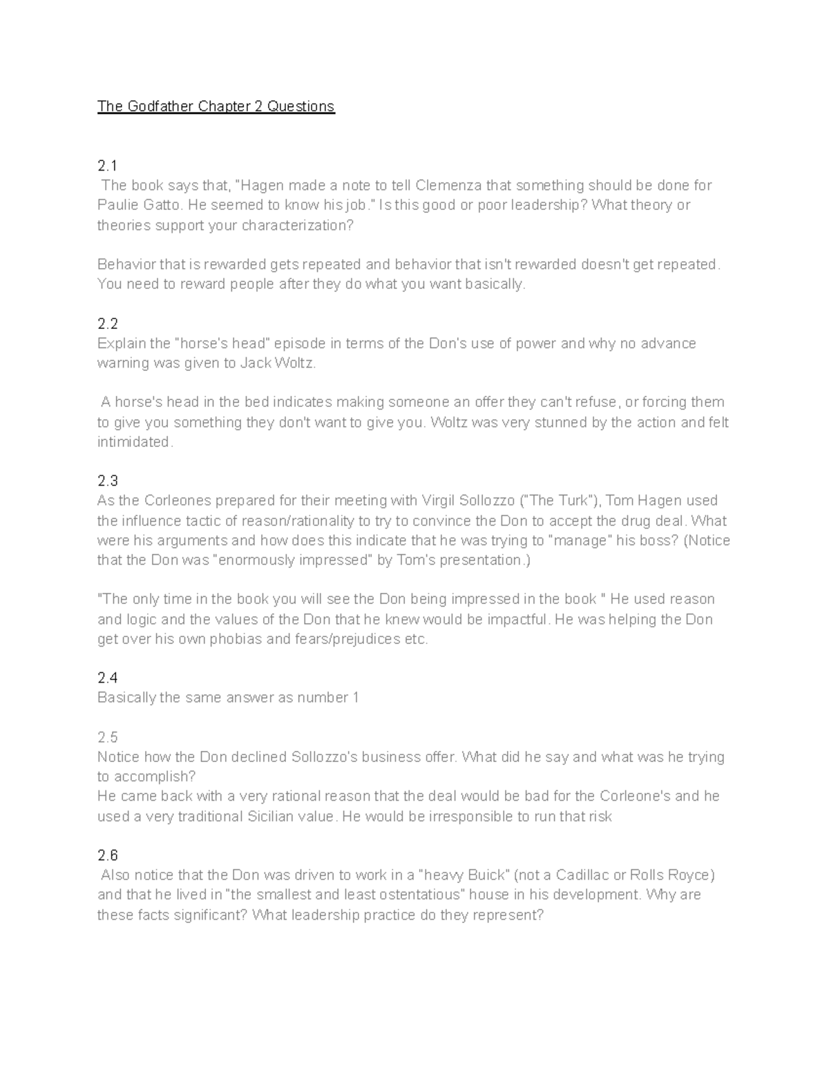 The Godfather Chapter 2 Questions - The book says that, “Hagen made a ...