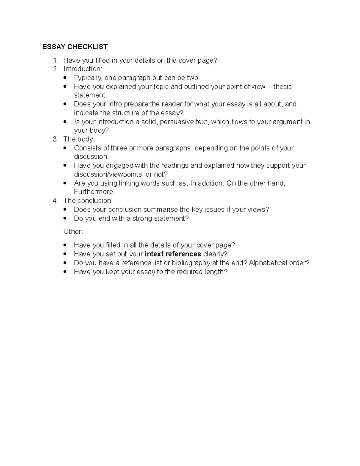 Essay checklist - ESSAY CHECKLIST Have you filled in your details on ...