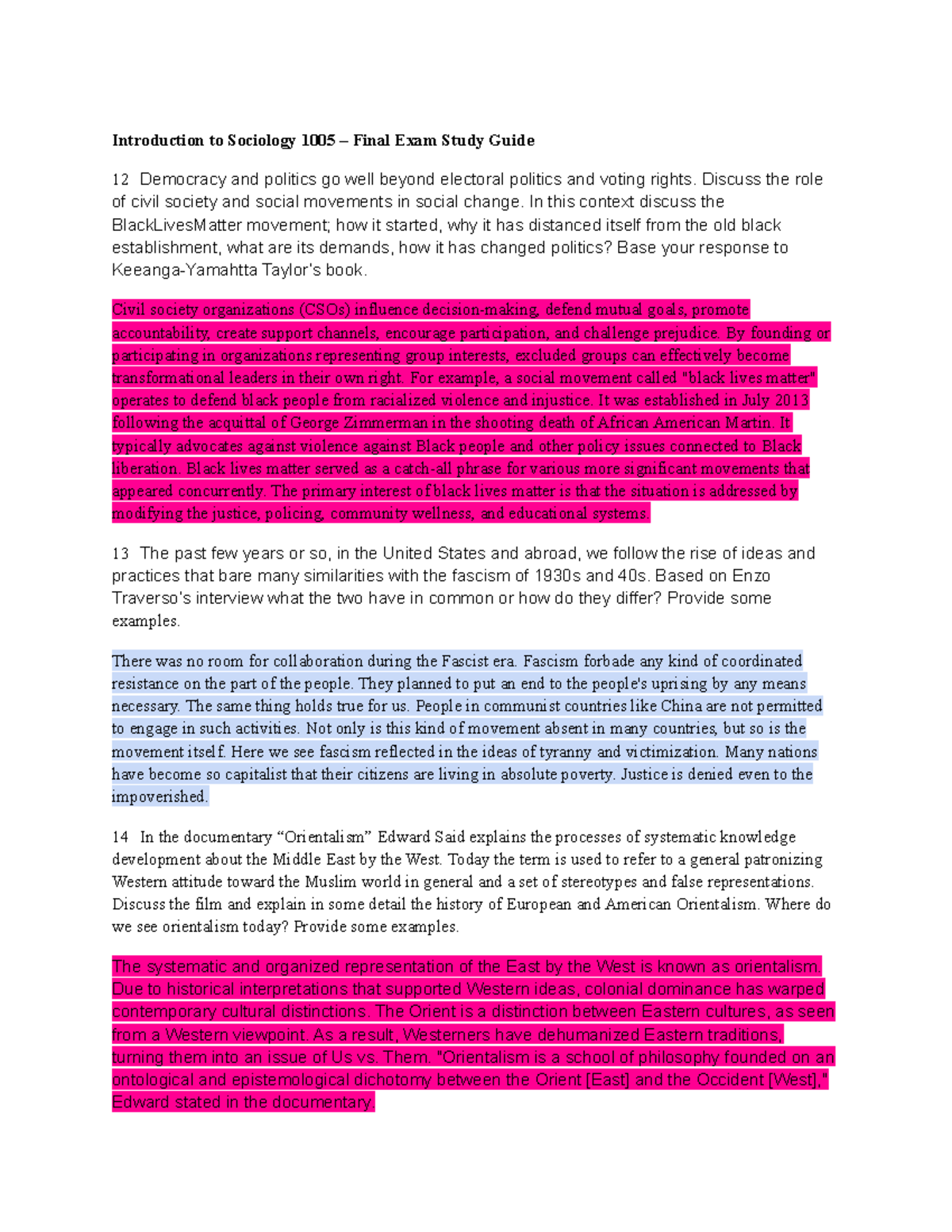 SOC 1005 final review - Introduction to Sociology 1005 – Final Exam ...