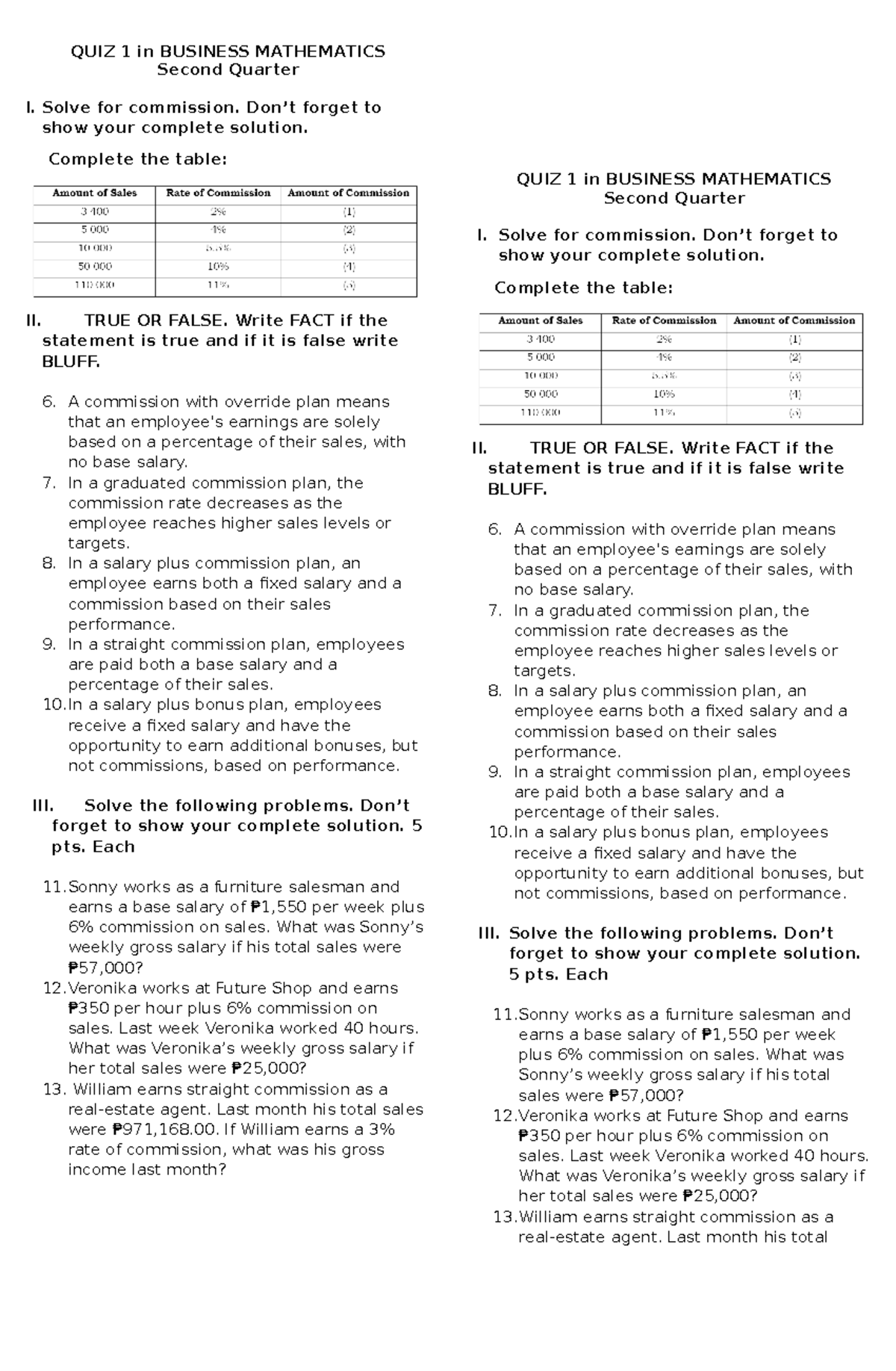 QUIZ 1 in Business Mathematics Commission - QUIZ 1 in BUSINESS ...