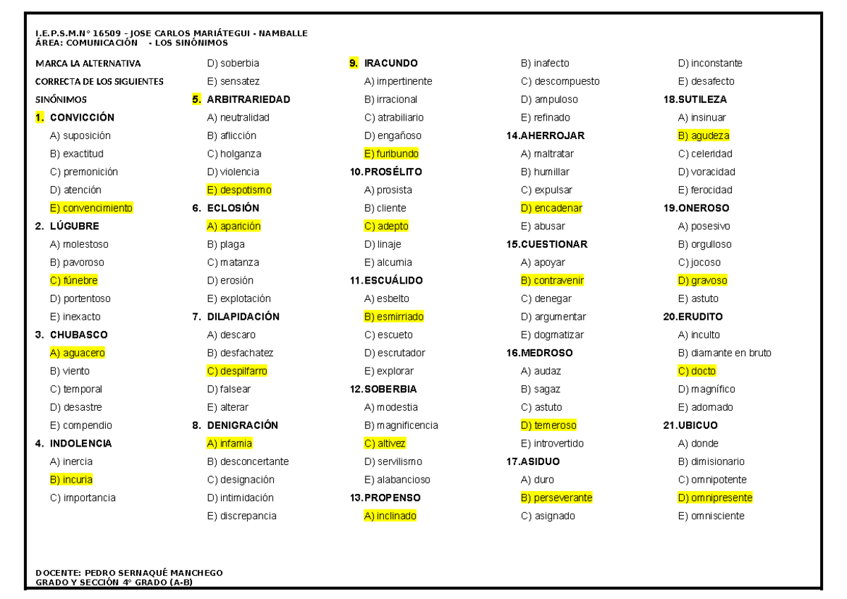 los sinónimos y antónimos - ÁREA: COMUNICACIÓN - LOS SINÓNIMOS MARCA LA ...