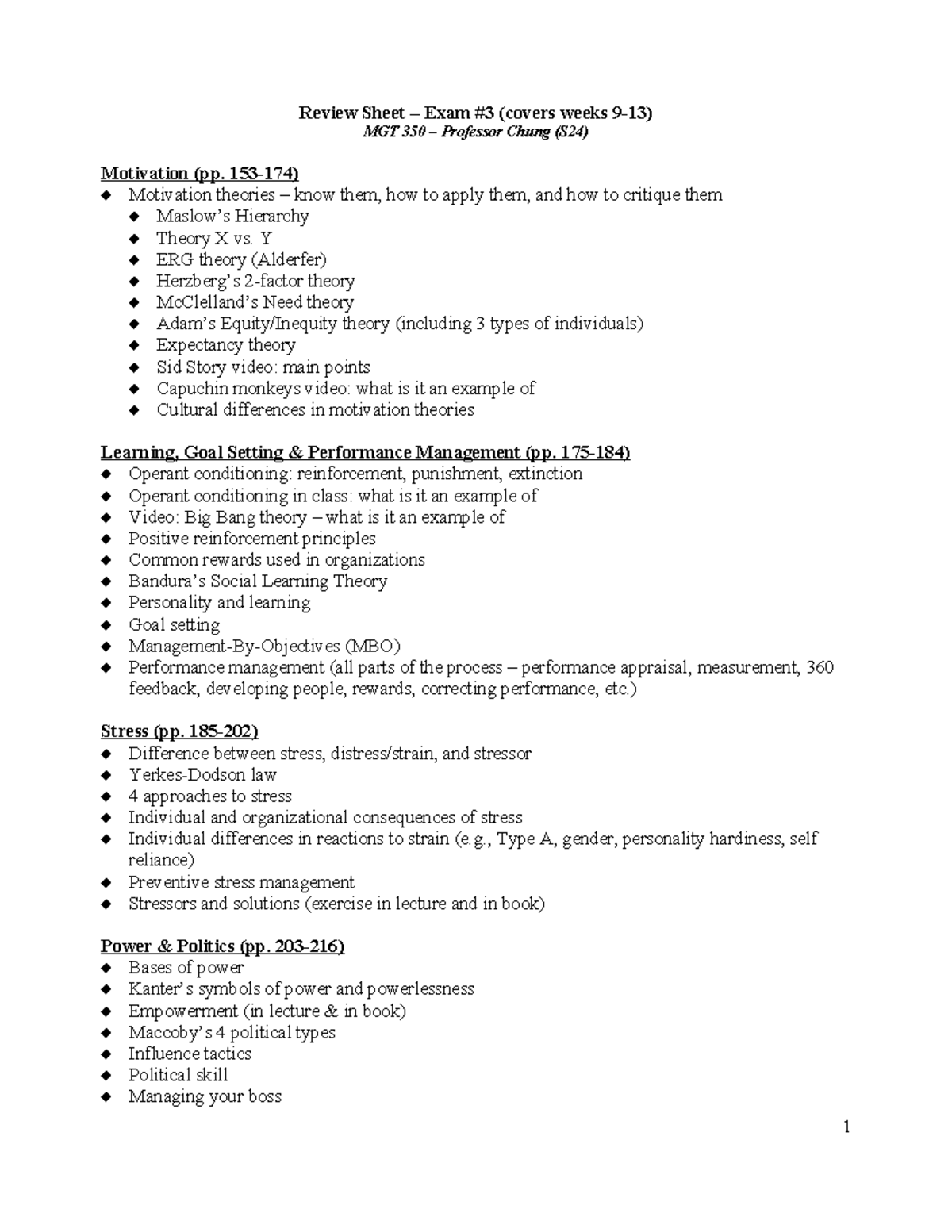 Rev EX#3S24 - exam 3 study guide - Review Sheet – Exam #3 (covers weeks 9-13) MGT 350 ...