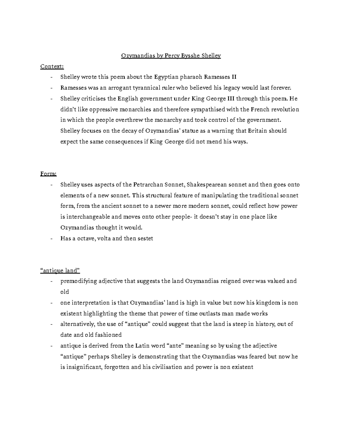 Ozymandias notes - Ozymandias by Percy Bysshe Shelley Context: Shelley ...