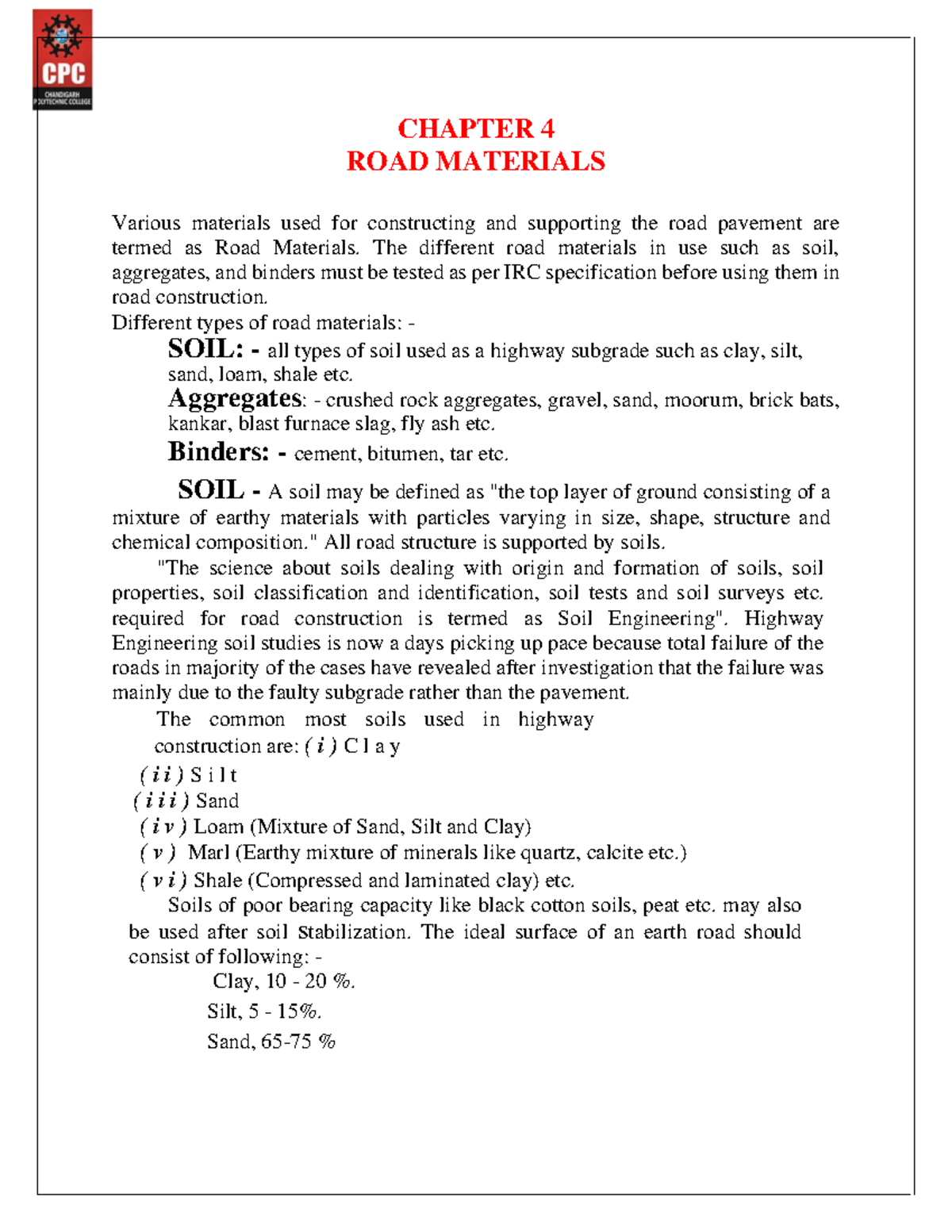 Chapter 4.pdf (HE) - HIGHWAY ENGINEERING NOTES - CHAPTER 4 ROAD ...