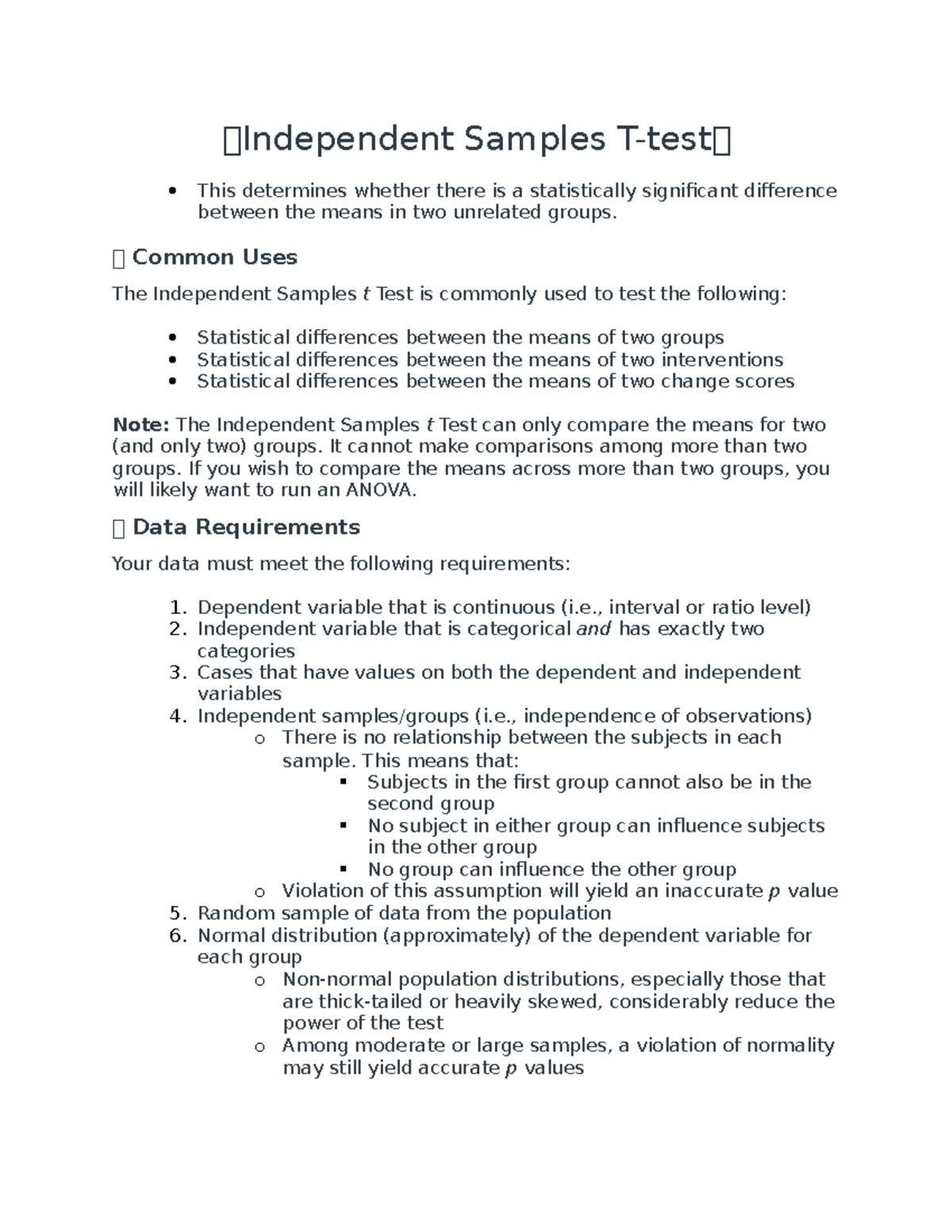 Reviewer - lecture notes for review - Independent Samples T-test This ...
