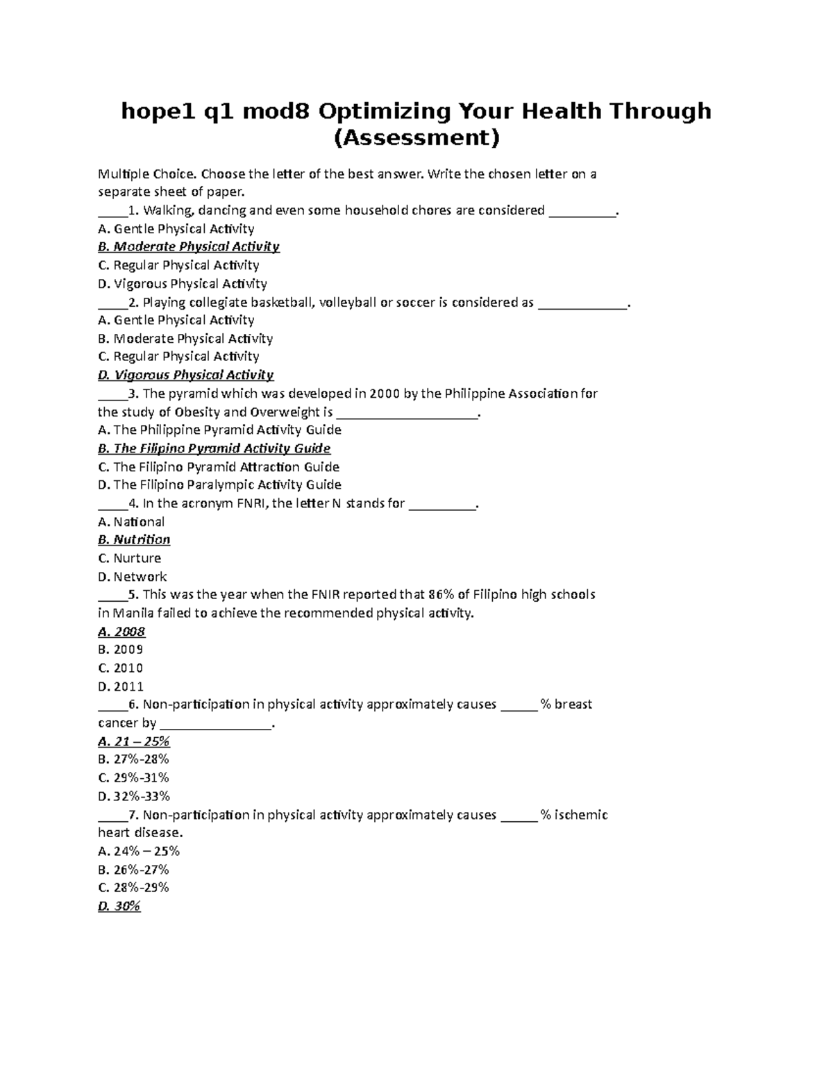 Hope1 q1 mod8 Optimizing Your Health Through assessment - hope1 q1 mod8 ...