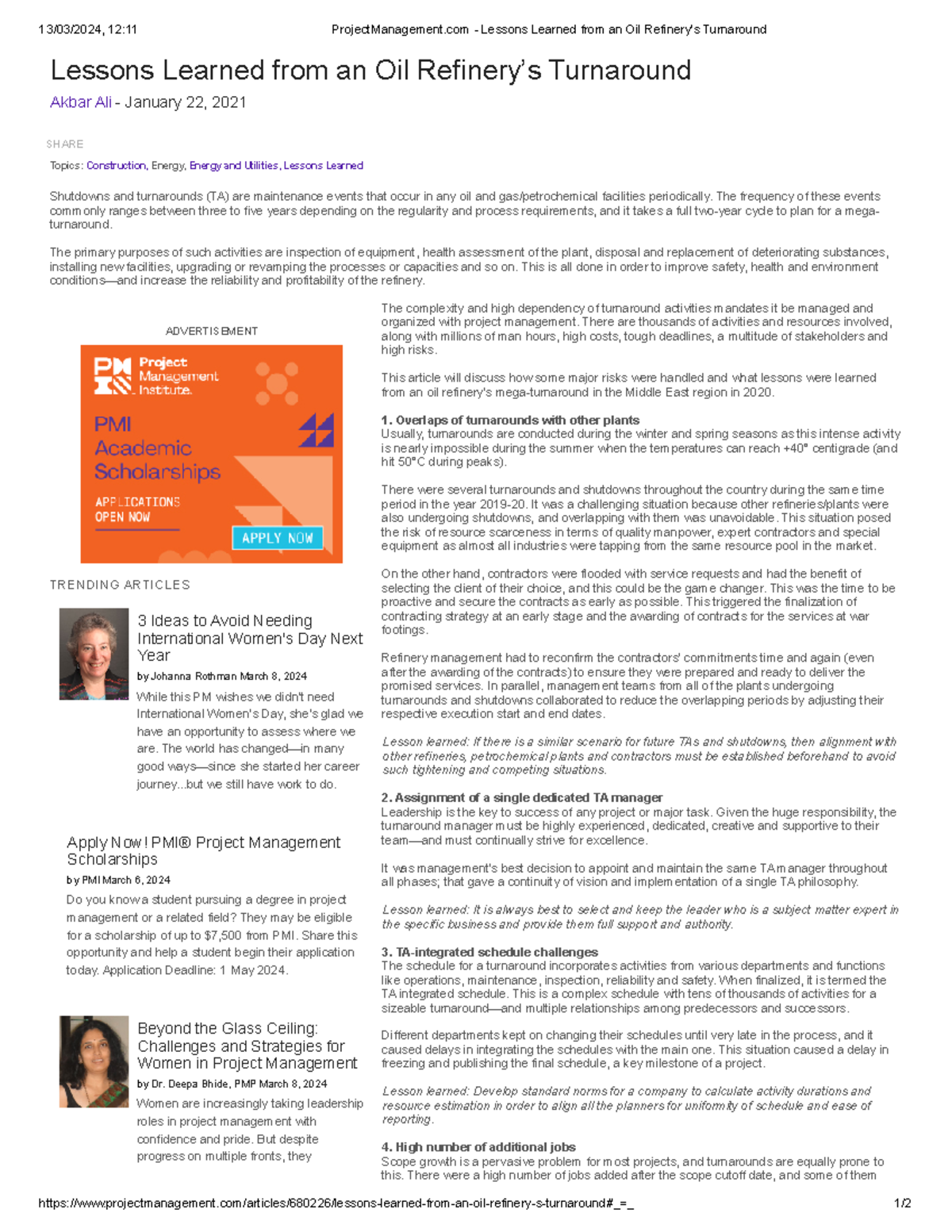 Project Management.com - Lessons Learned from an Oil Refinery’s ...