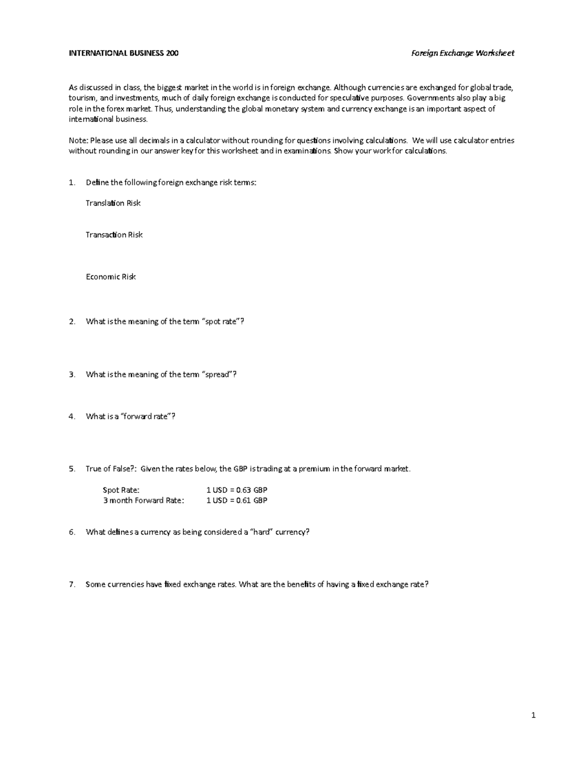 Forex Worksheet - INTERNATIONAL BUSINESS 200 Foreign Exchange Worksheet ...