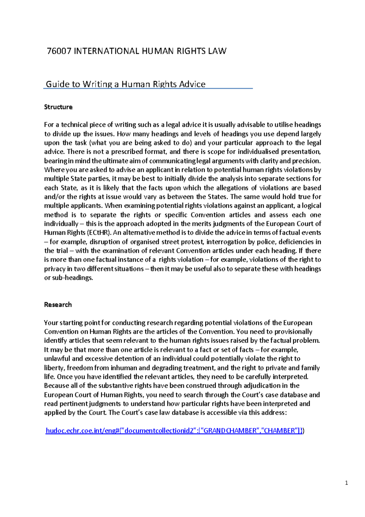 Guide to Writing Human Rights Advice - 1 76007 INTERNATIONAL HUMAN ...