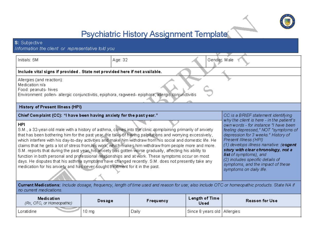 NR 548 psychiatric history assignment template - Psychiatric History ...