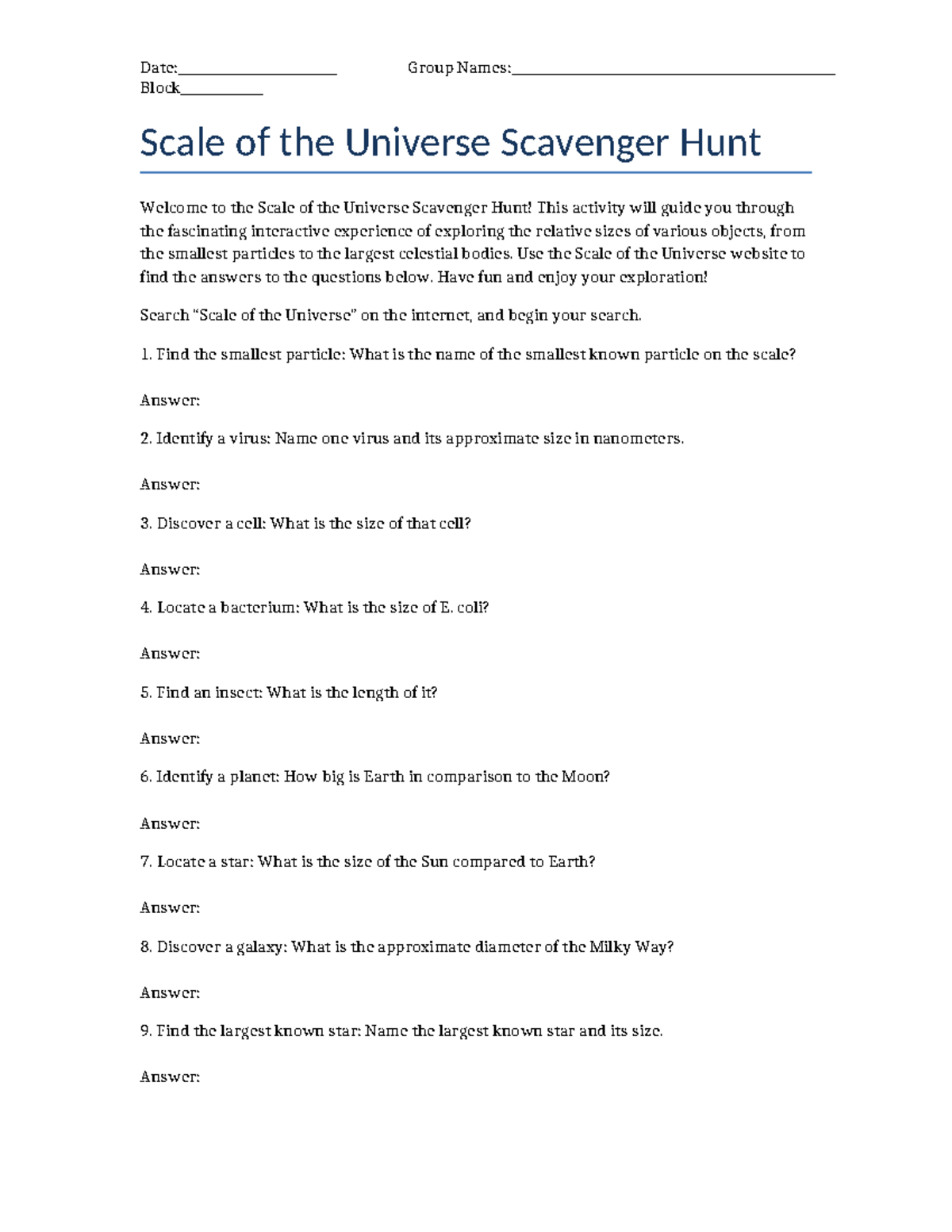 Scale of the Universe Scavenger Hunt - Use the Scale of the Universe ...