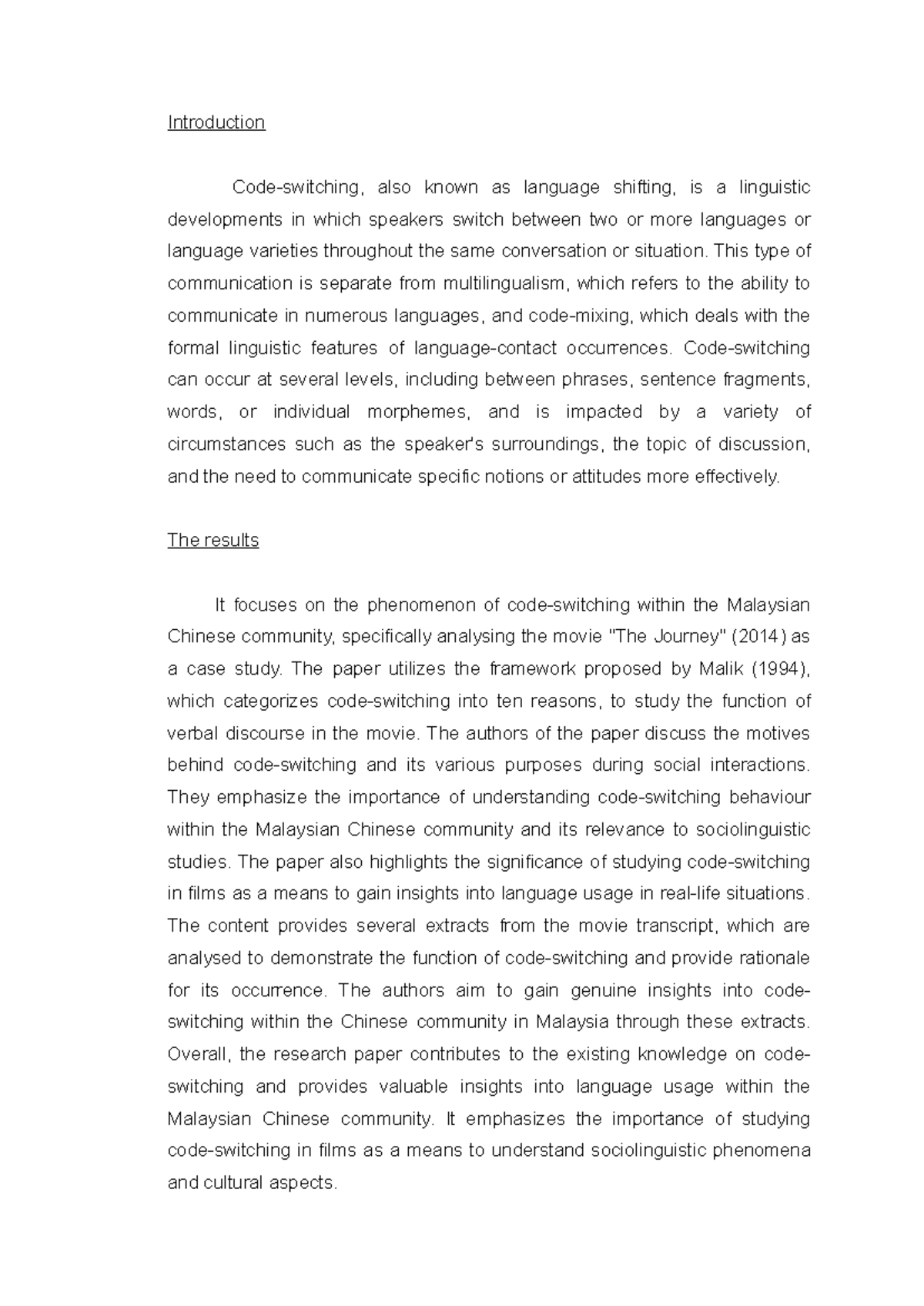 Article review sociolinguist fully done - Introduction Code-switching ...