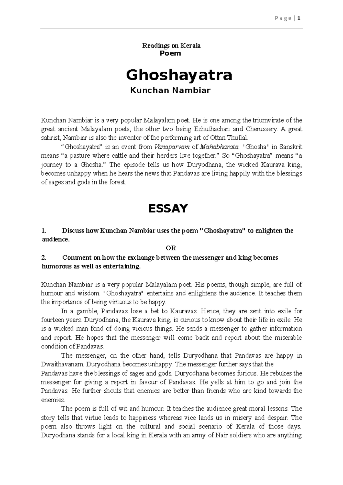Ghoshayatra Complete Notes - P a g e | 1 Readings on Kerala Poem ...