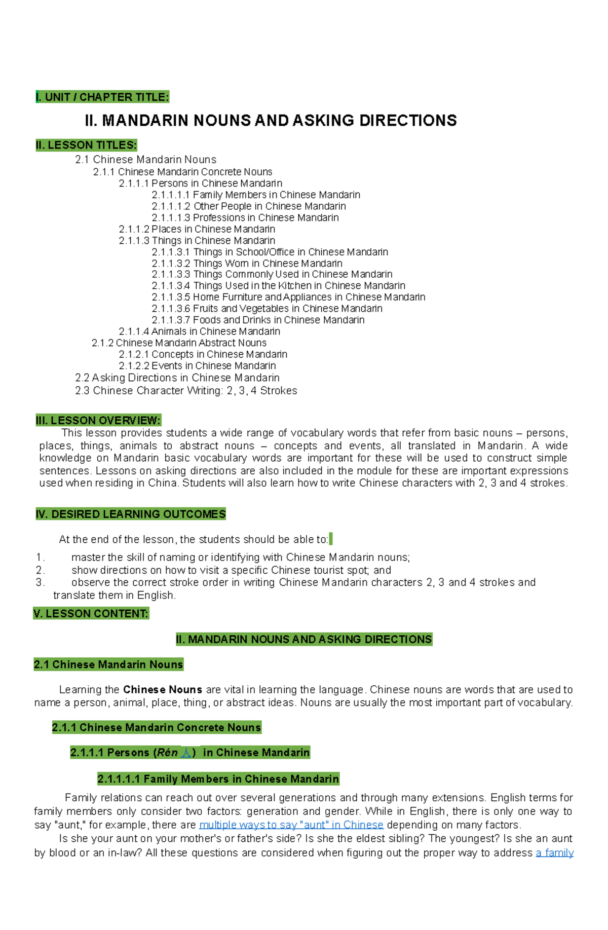 Lecture Mandarin Nouns AND Asking Directions - I. UNIT / CHAPTER TITLE ...