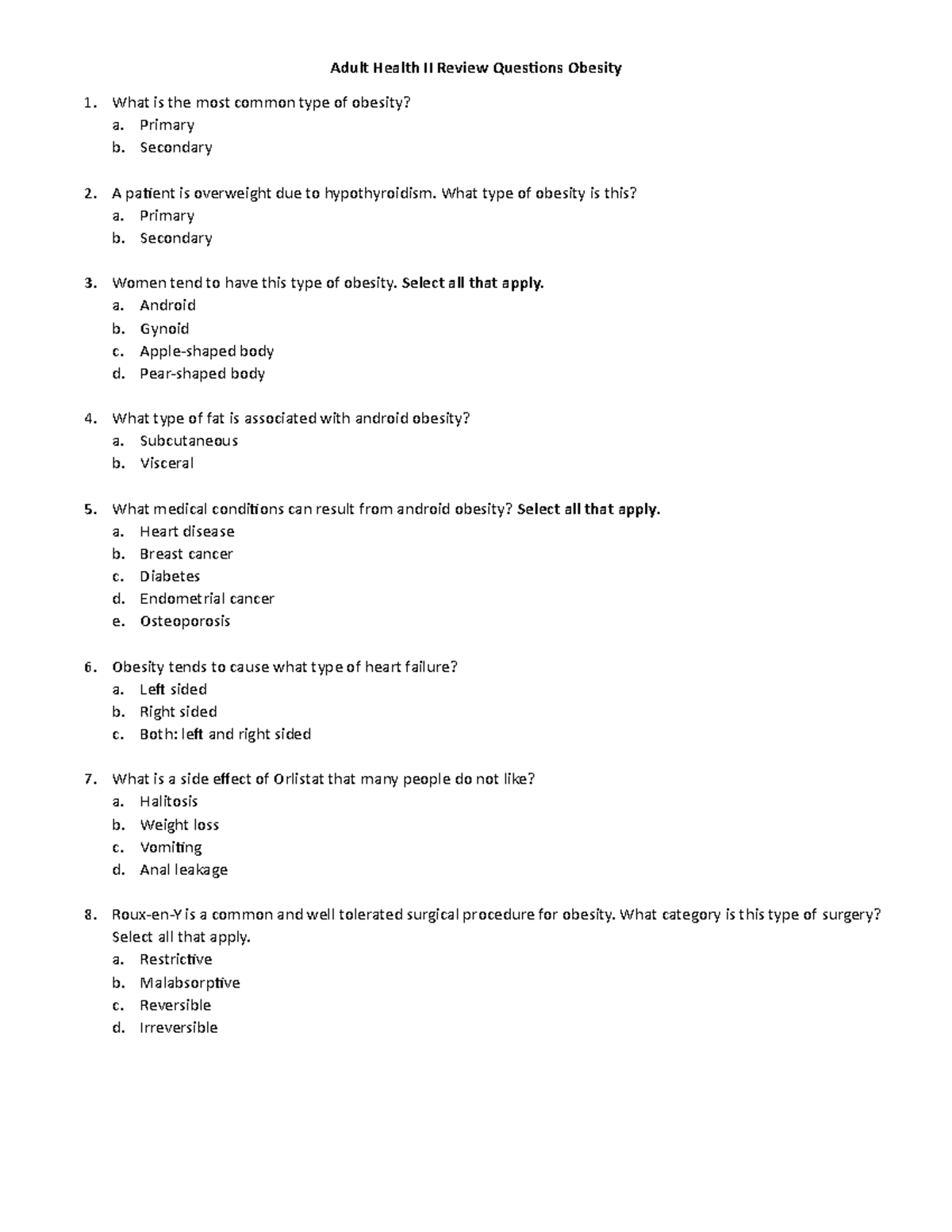 Obesity Questions - Adult Health II Review Questions Obesity What is ...
