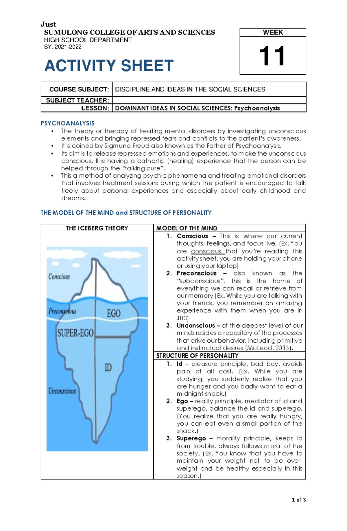 Activity-Sheet DISS Lesson-4 Psychoanalysis - 1 of 3 Just SUMULONG ...