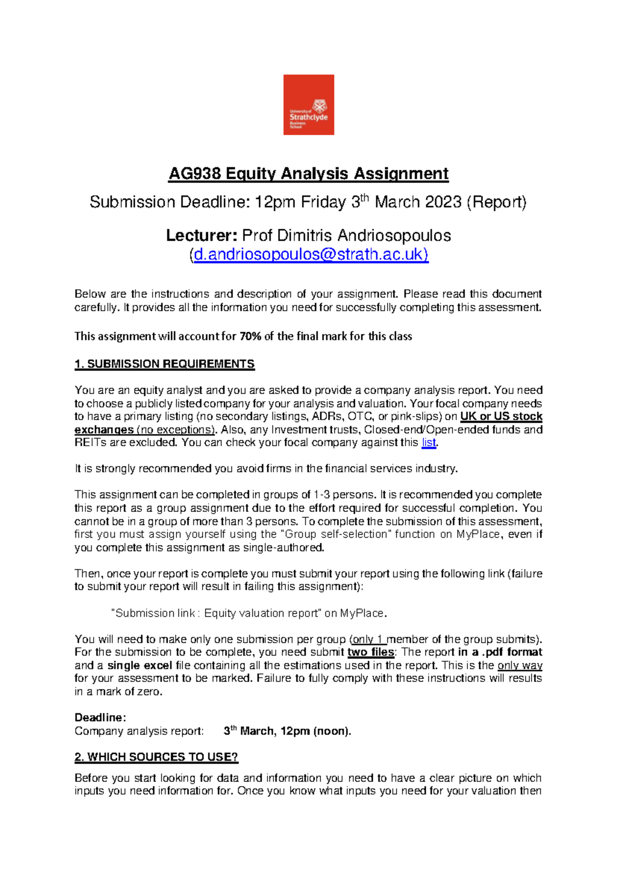 Assignment - Equity Analysis - AG938 Equity Analysis Assignment ...