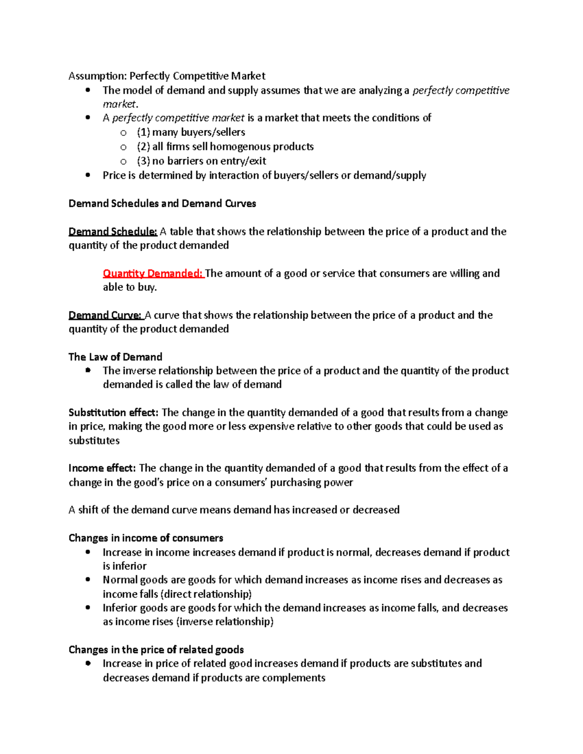 ECON103 Notes - Assumption: Perfectly Competitive Market The model of ...