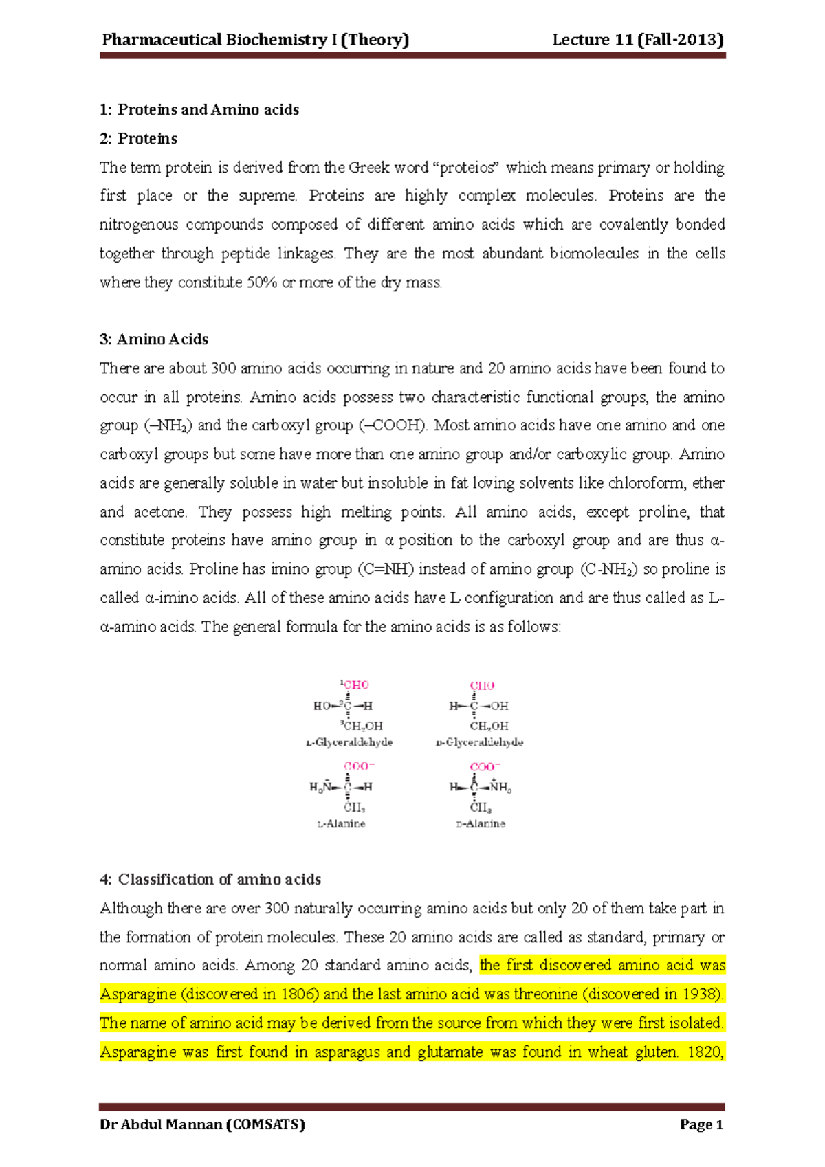 Lecture no 11 protein and amino acid - 1: Proteins and Amino acids 2 ...