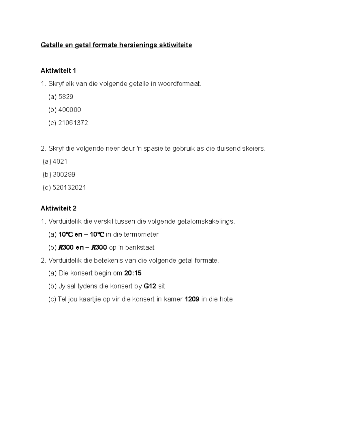 Getalle en getal formate hersienings aktiwiteite Gr 10 WGL Week 1 ...