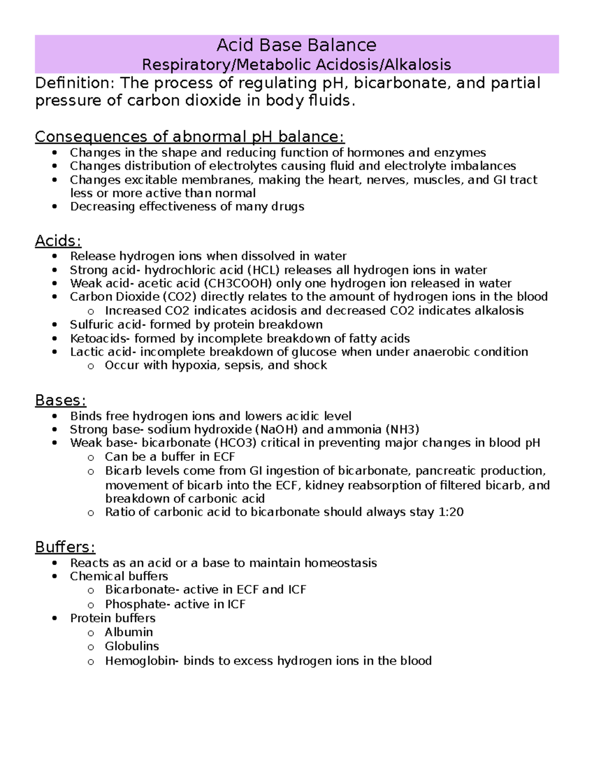 Acid Base Balance Notes - Acid Base Balance Definition: The process of ...