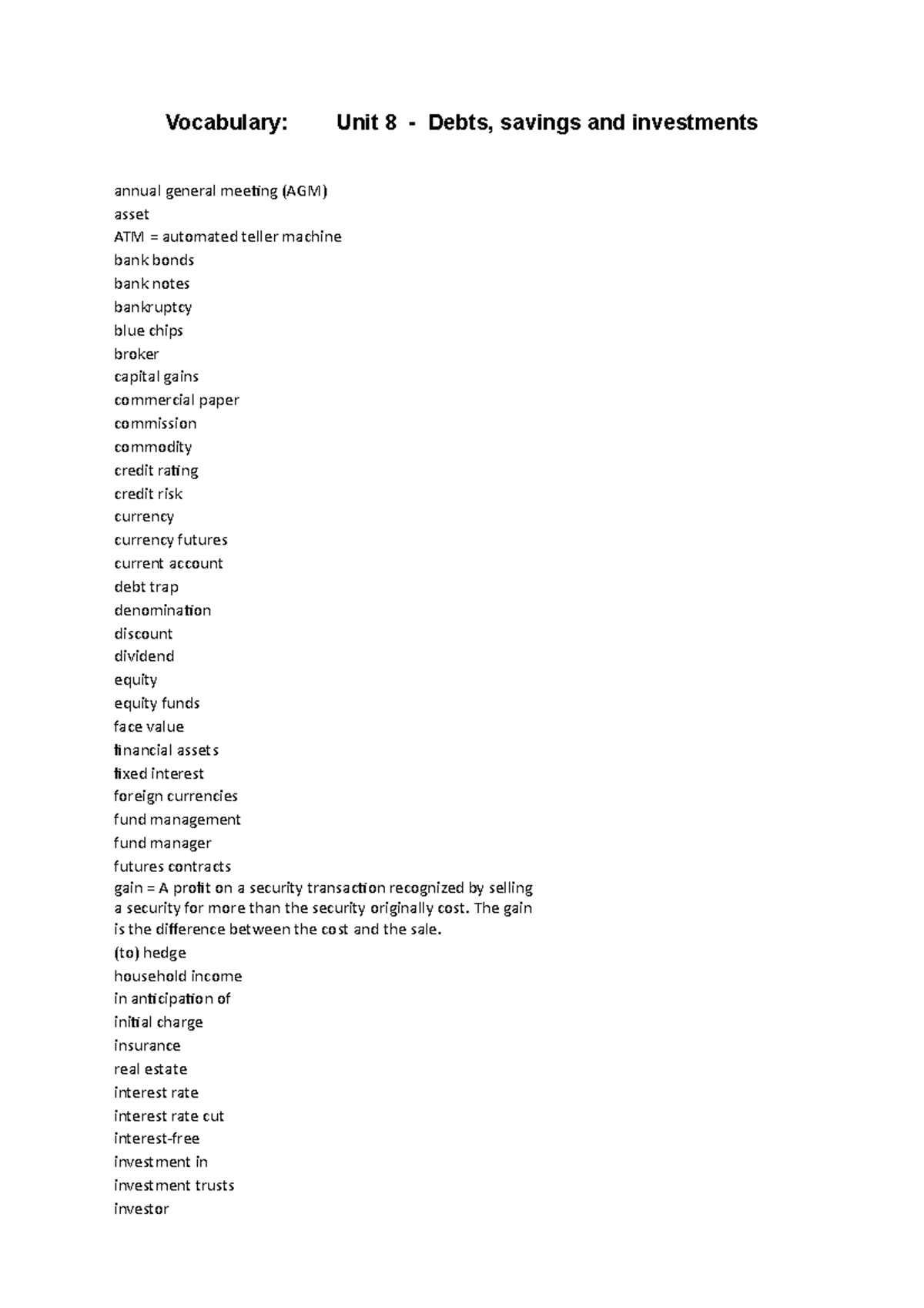 Voc Unit 8 WS2012 13 Vocabulary Unit 8 Career Express Business