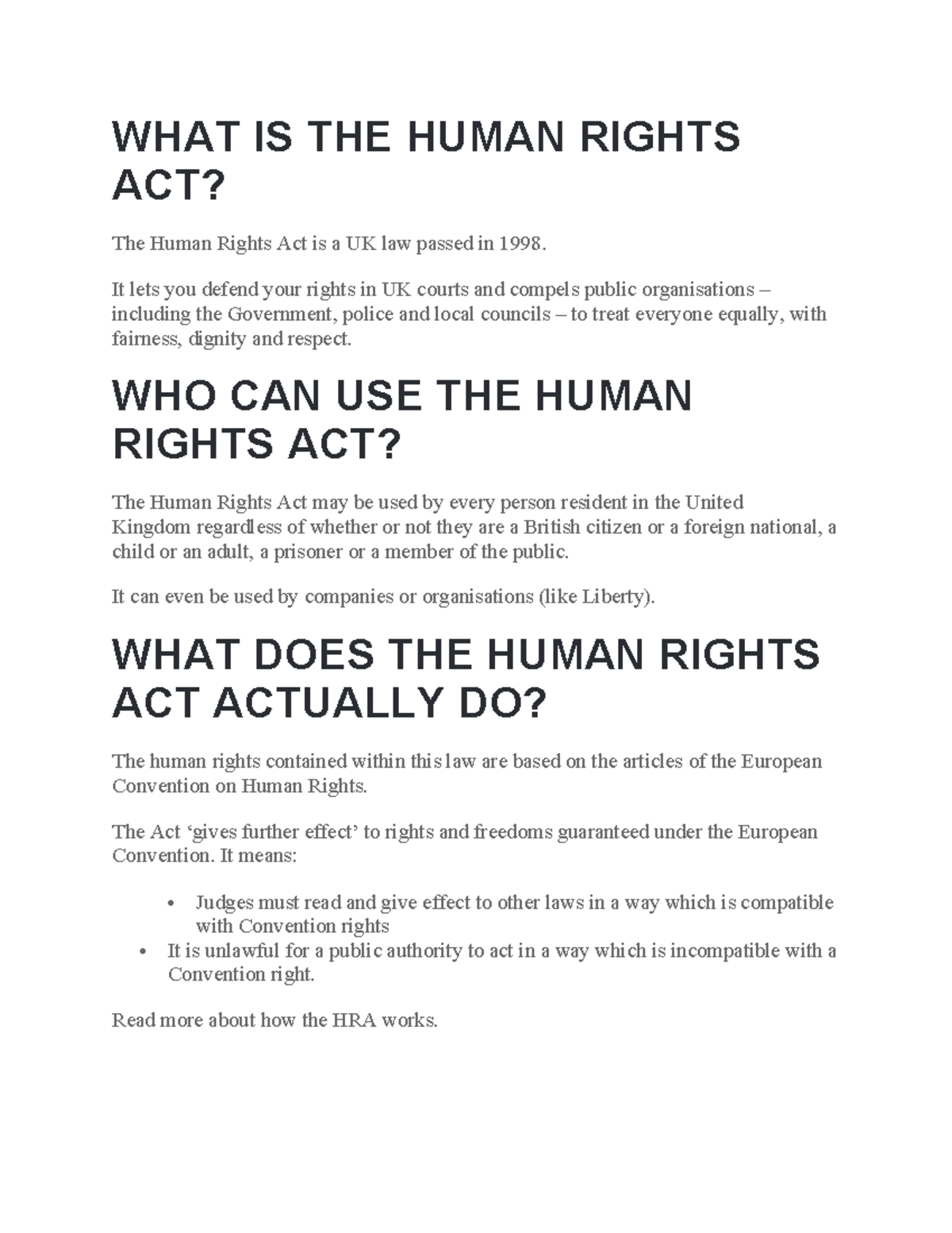 Human Rights ACT - WHAT IS THE HUMAN RIGHTS ACT? The Human Rights Act ...