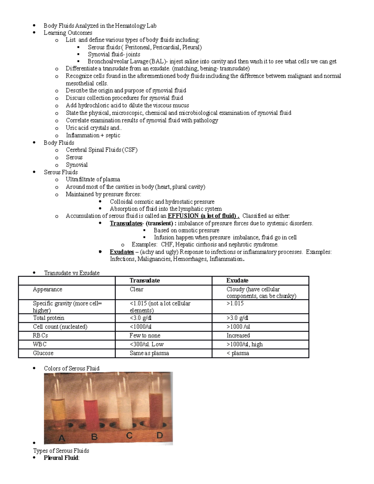 Other Body Fluid Lecture Body Fluids Analyzed In The Hematology Lab