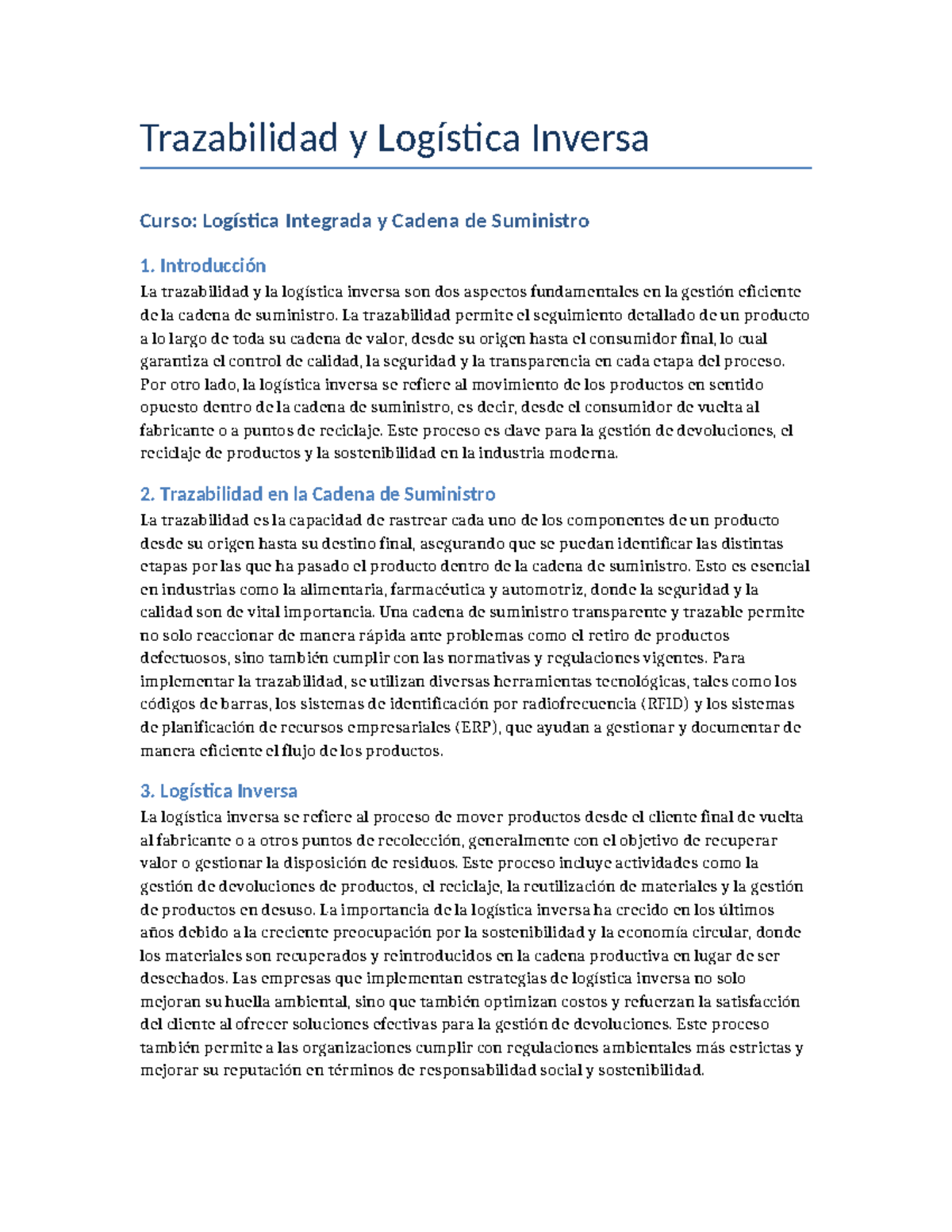 Trazabilidad y Logistica Inversa - Trazabilidad y Logística Inversa Curso: Logística Integrada y ...