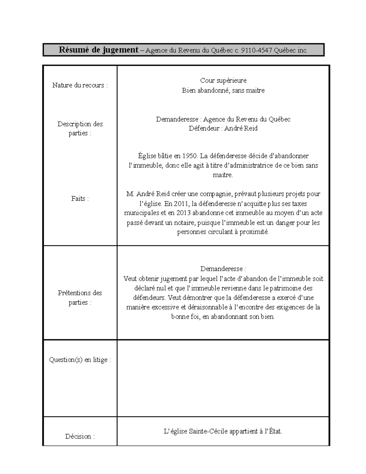 Agence du Revenu du Québec c. 9110-4547 Québec inc - Résumé de jugement ...
