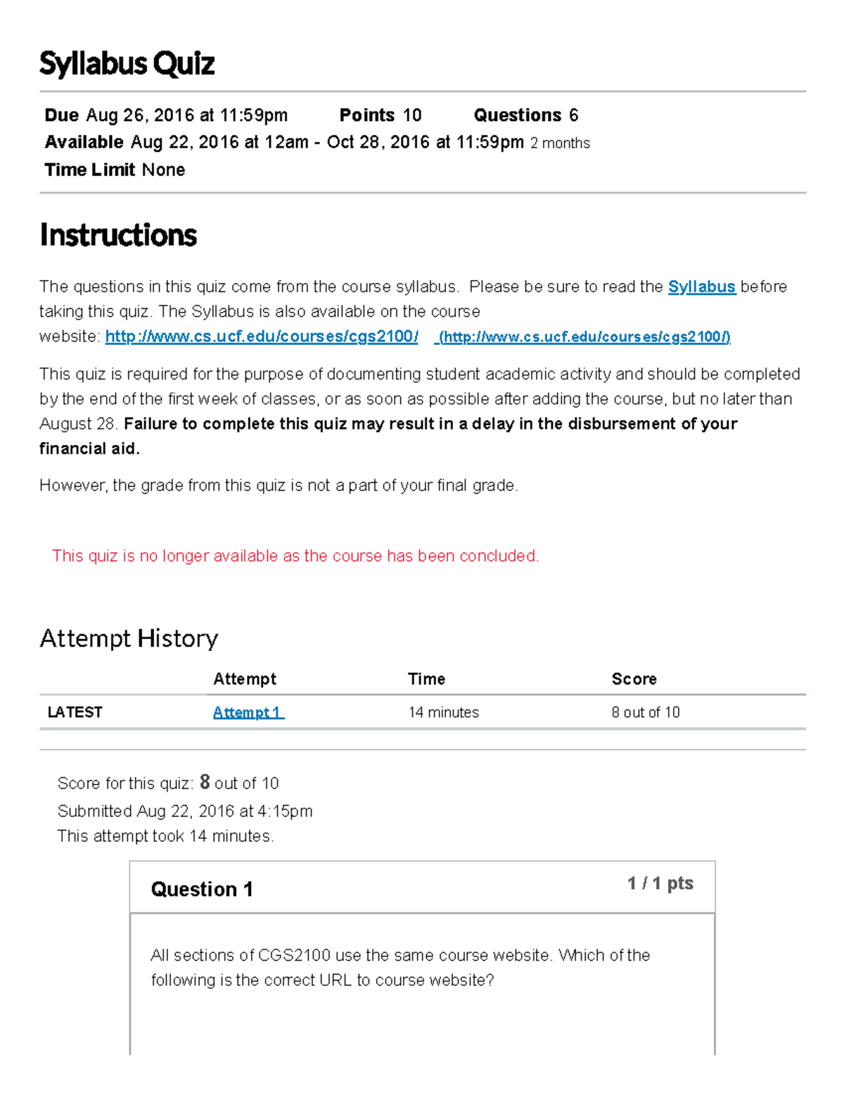 Syllabus Quiz CGS2100C CMB-16Fall - Syllabus Quiz Due Aug 26, 2016 at ...