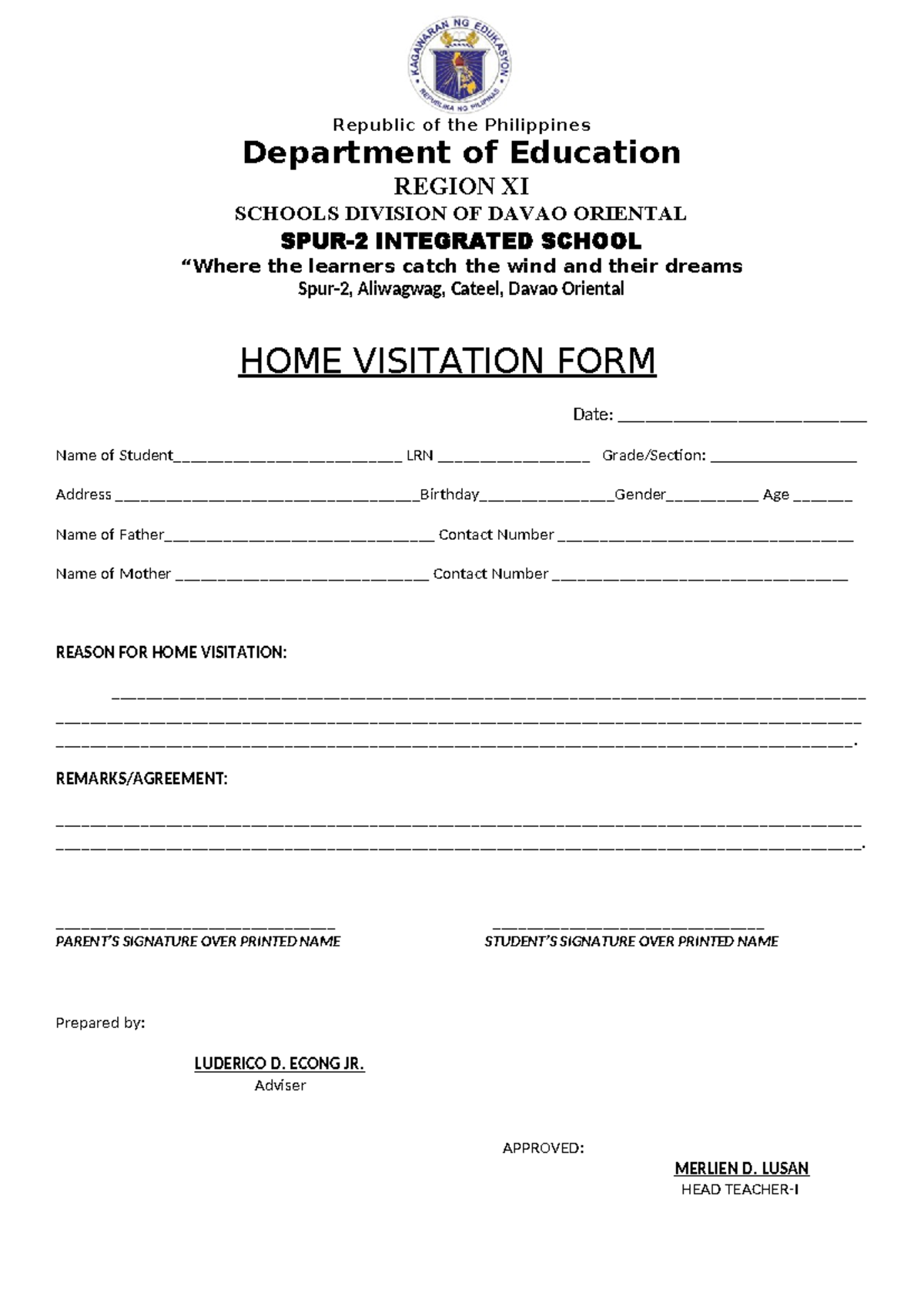 HOME Visitation Form - Republic of the Philippines Department of ...