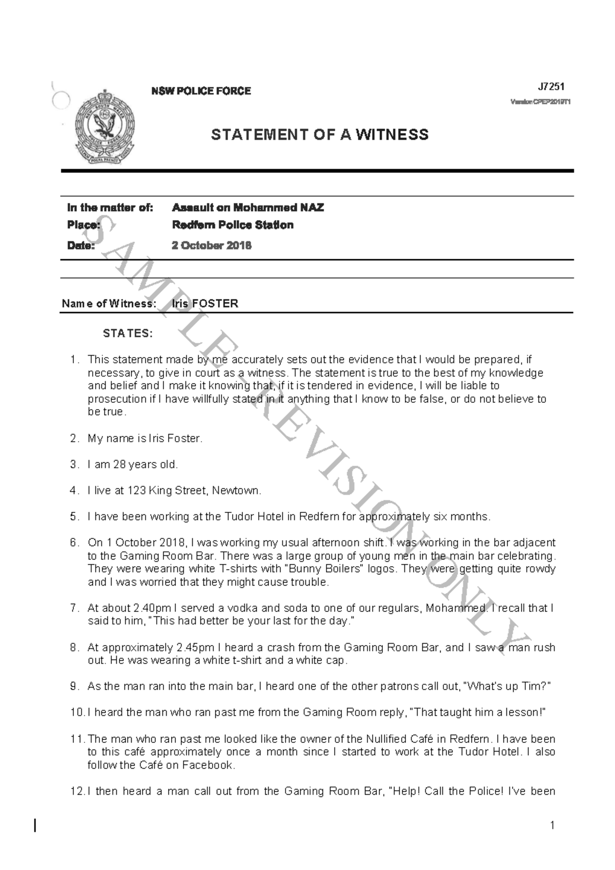Sample/practice exam - Witness Statement FOSTER - 1 Name of Witness ...