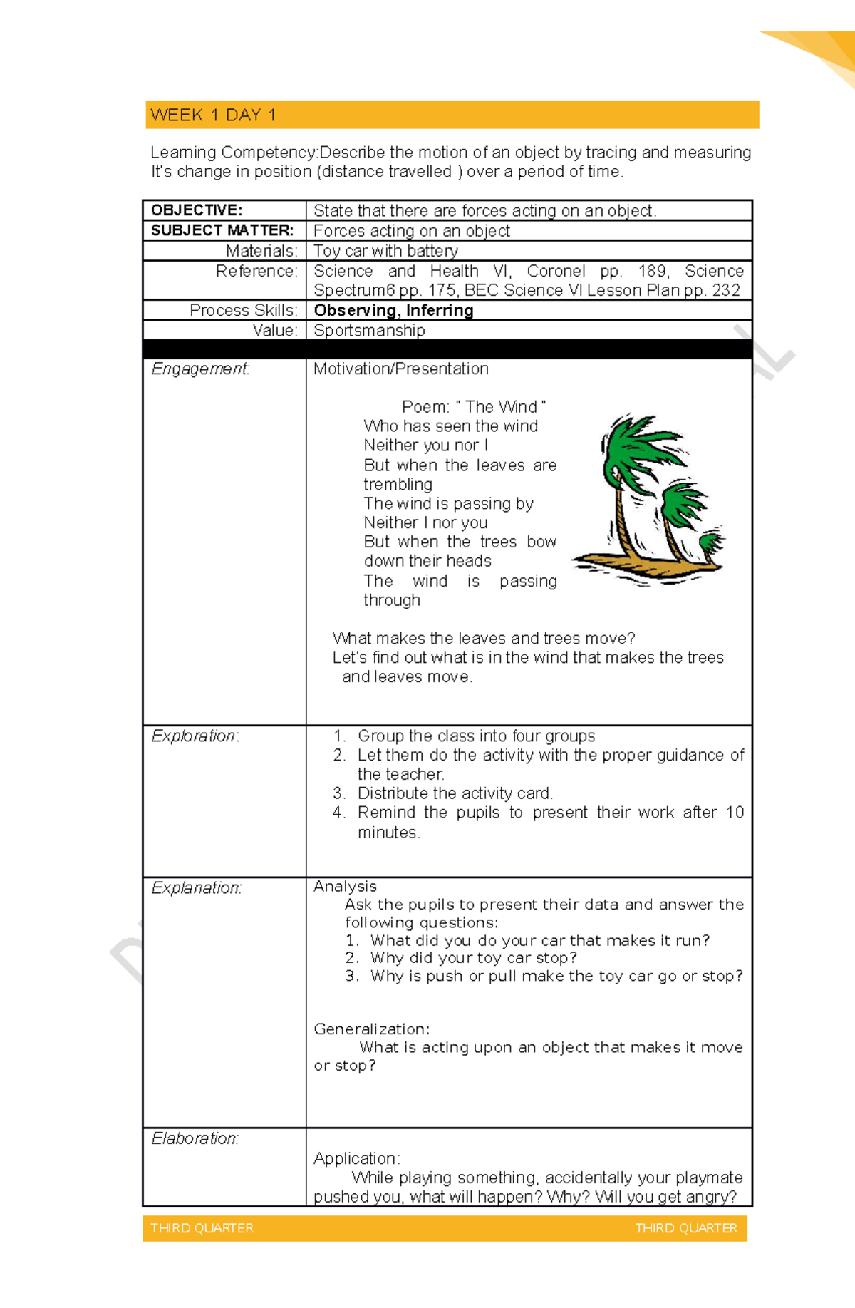 Week 1 Day 1 - Lesson logs - WEEK 1 DAY 1 Learning Competency:Describe ...