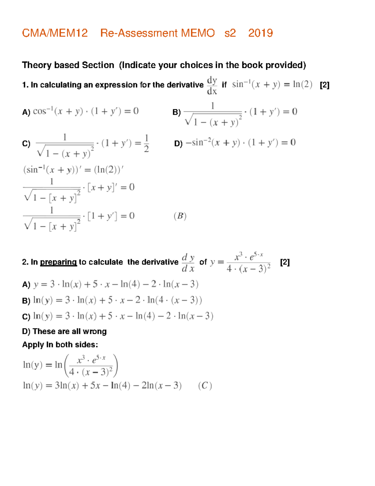 Re Exam Memo M2 2019 - Test - CMA/MEM12 Re-Assessment MEMO s2 2019 ...