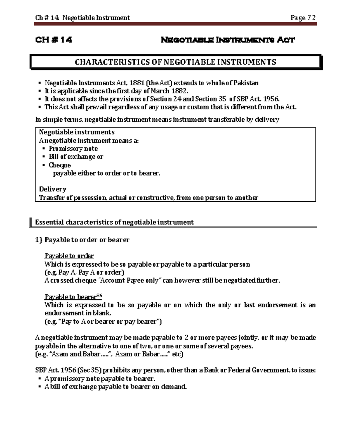 Chapter # 14 - Notes - CH # 14 Negotiable Instruments Act ...