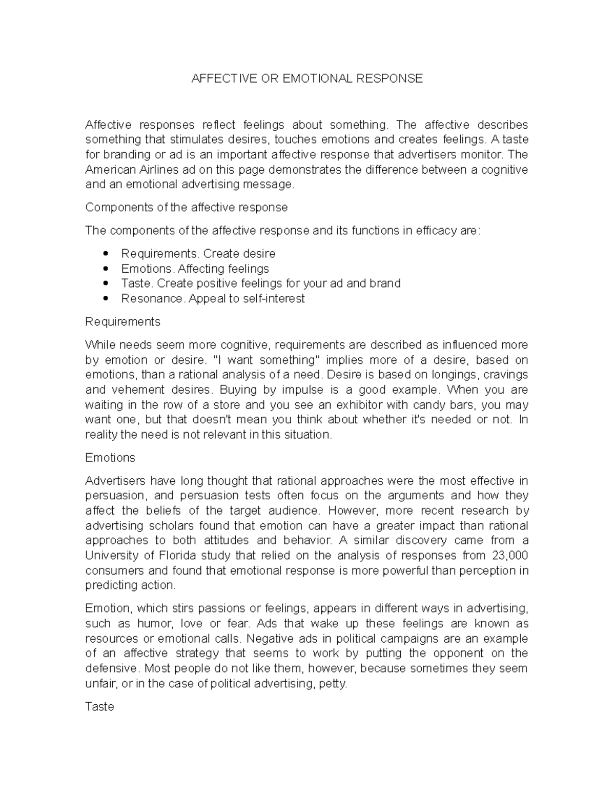 AFFECTIVE OR EMOTIONAL RESPONSE - AFFECTIVE OR EMOTIONAL RESPONSE ...