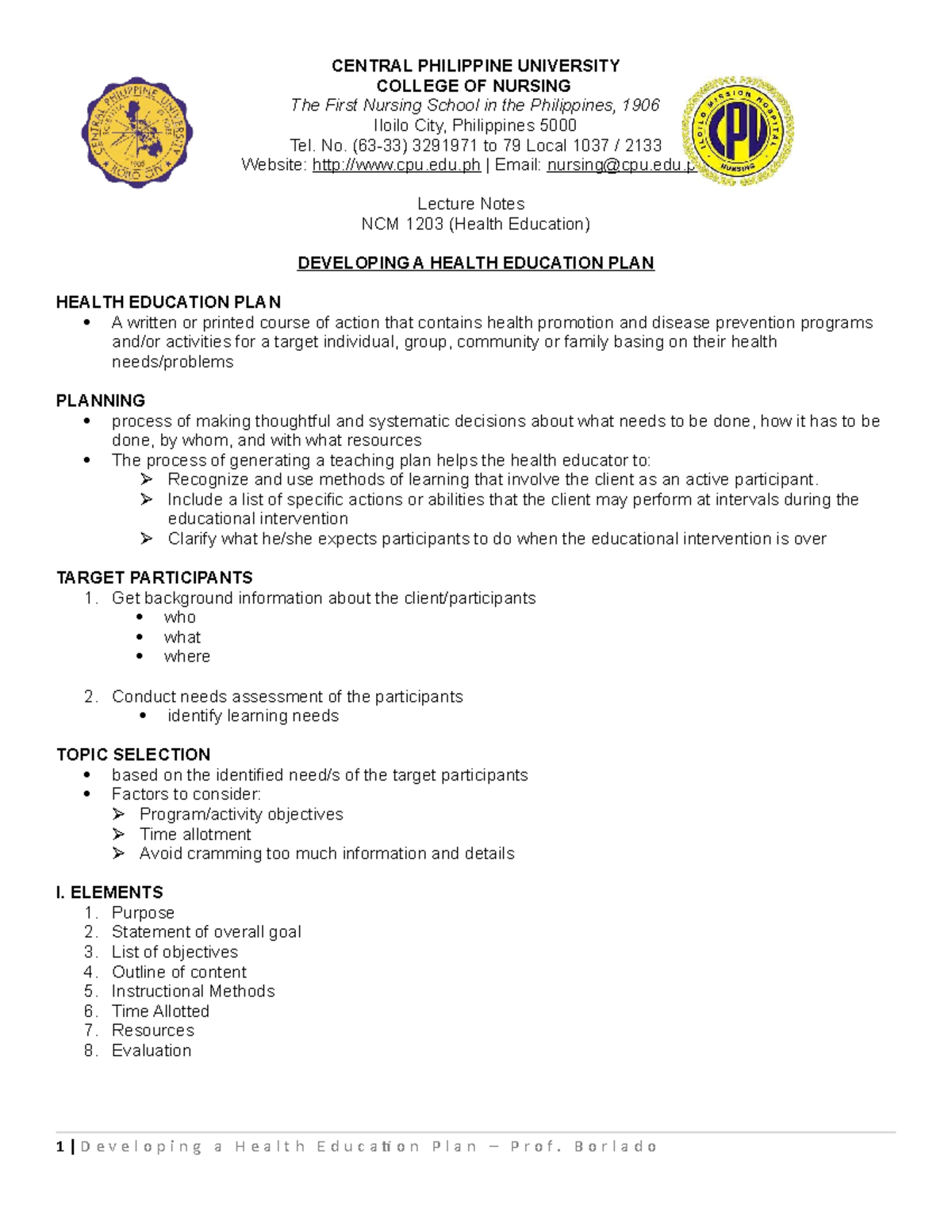 Developing a Health Education Plan Lecture Notes - CENTRAL PHILIPPINE ...