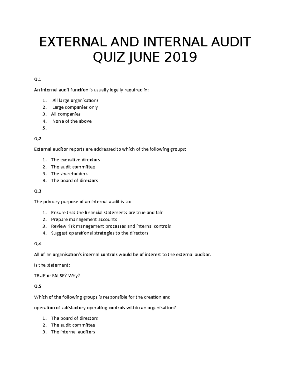 External AND Internal Audit QUIZ JUNE 2019 - EXTERNAL AND INTERNAL ...
