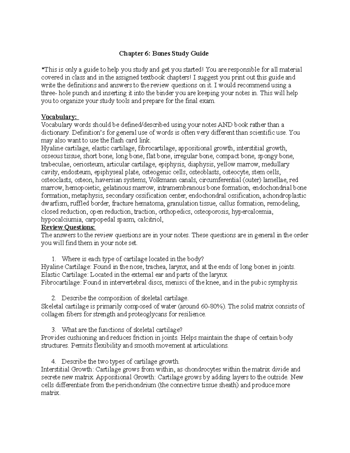 Chapter 6 Bone study guide - Chapter 6: Bones Study Guide *This is only ...