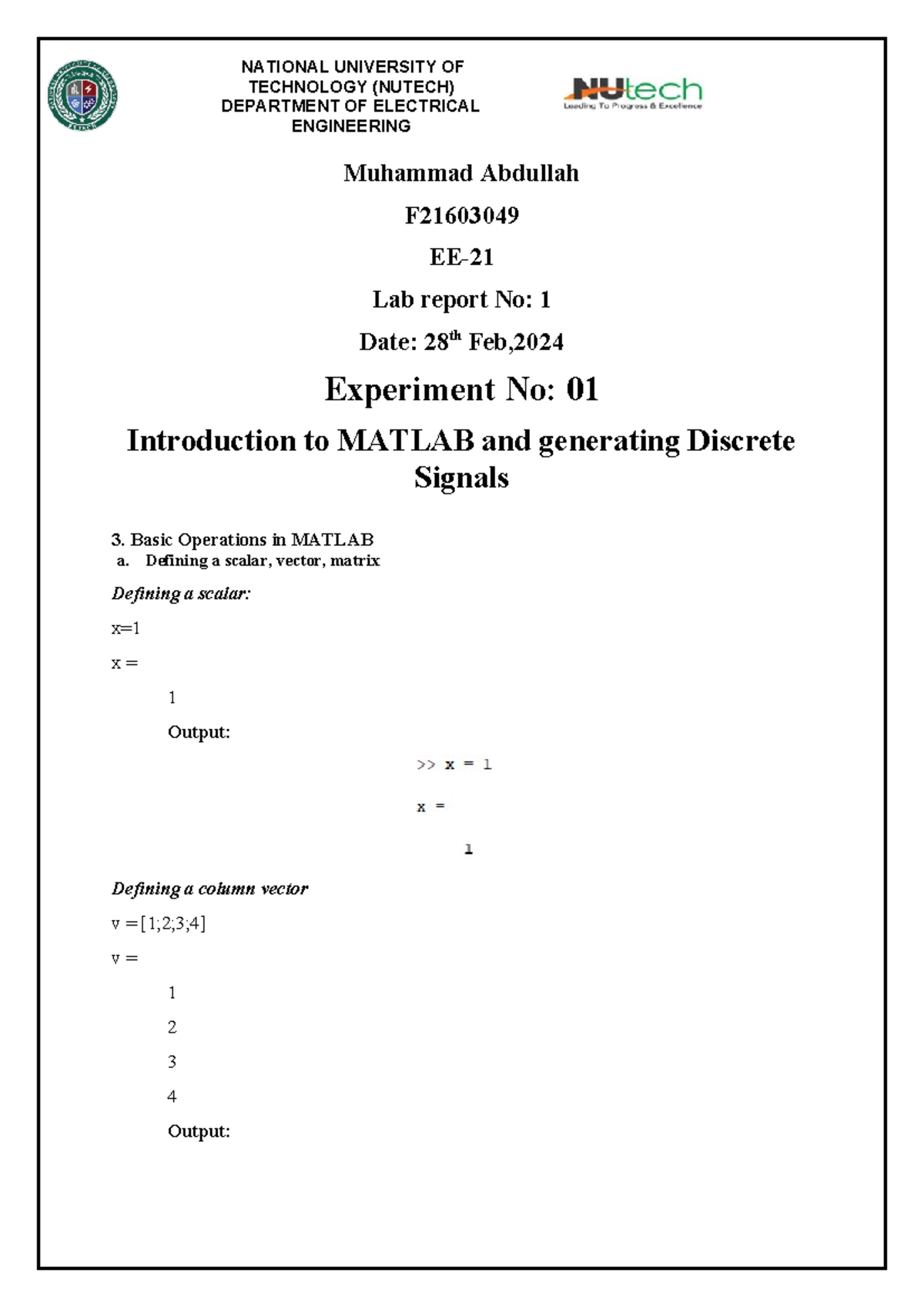 DSP Lab 1 49 - Introduction to MATLAB and generating Discrete Signals - TECHNOLOGY (NUTECH ...