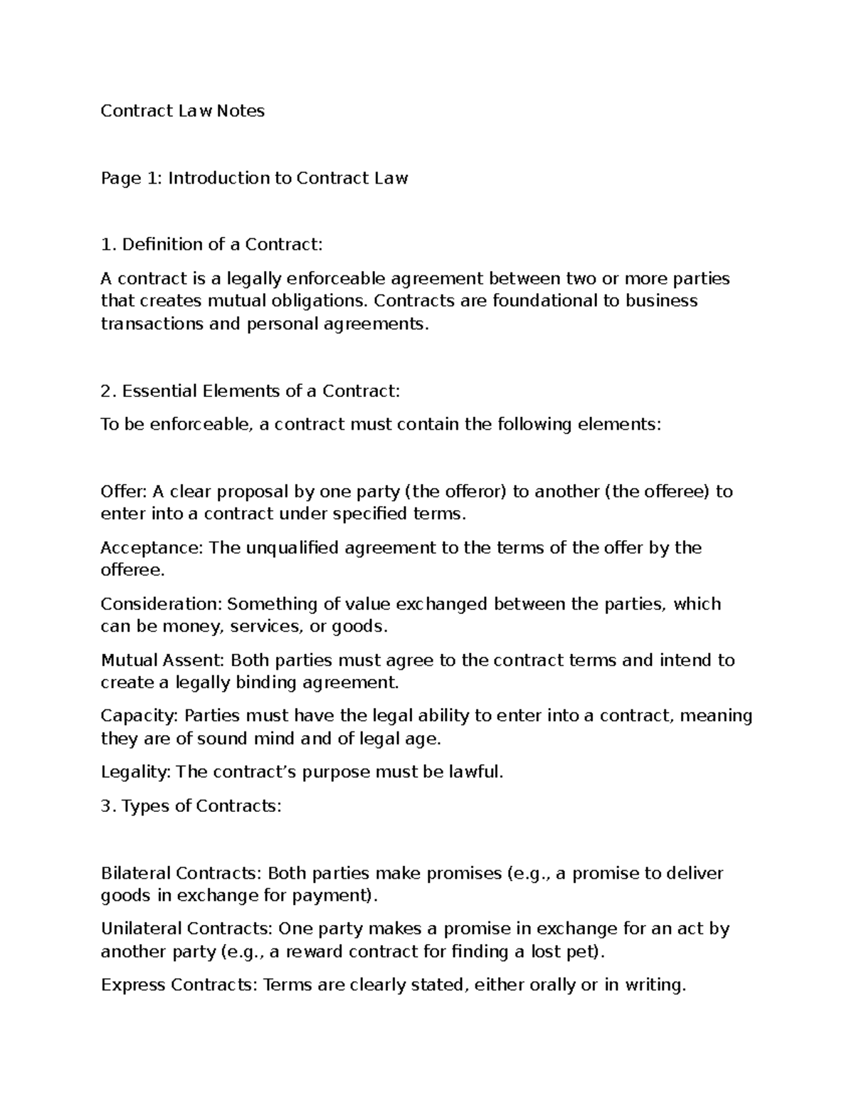 Contract Law Notes - Contract Law Notes Page 1: Introduction to ...