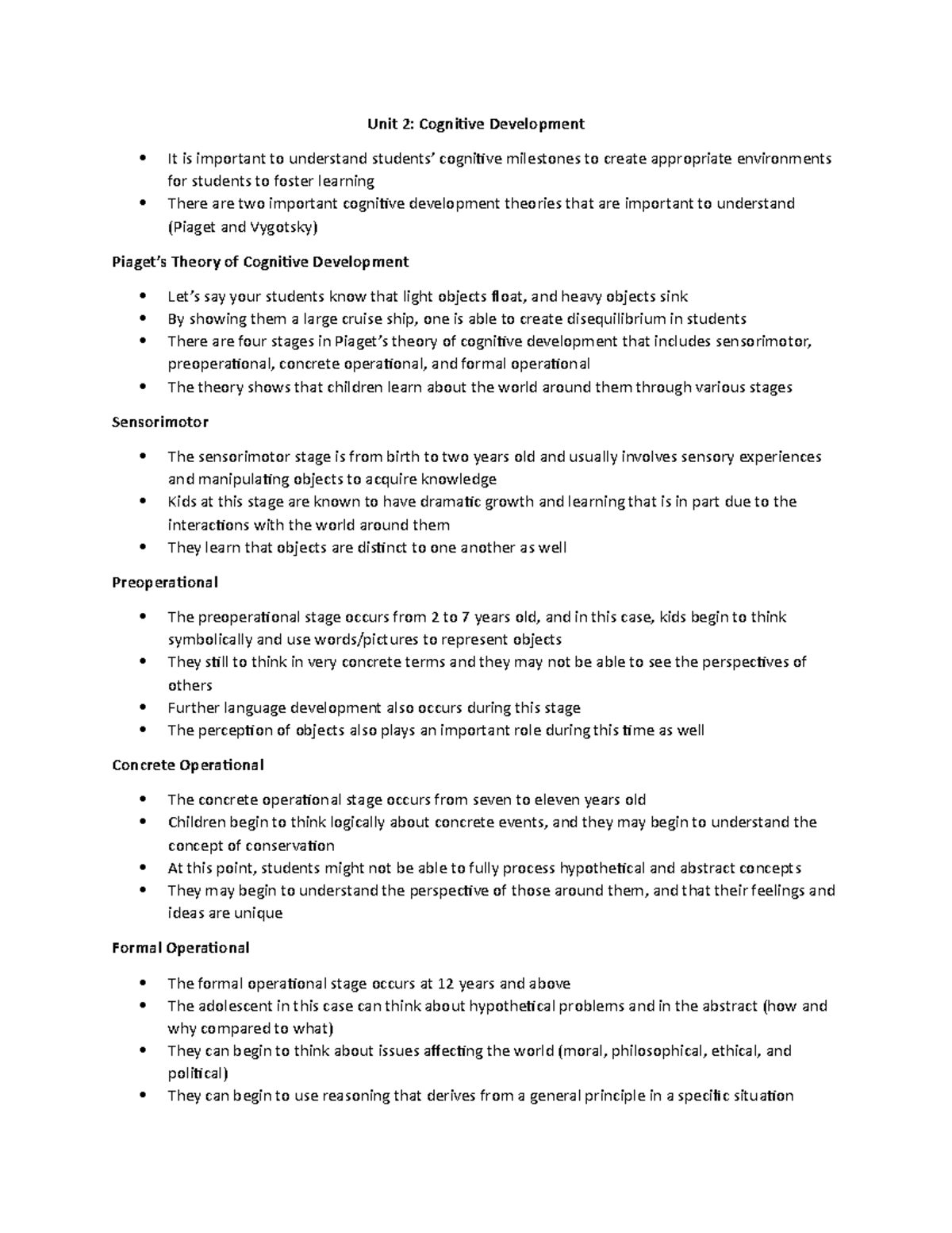Unit 2 (Part II) - Unit 2 Notes - Unit 2: Cognitive Development It is ...