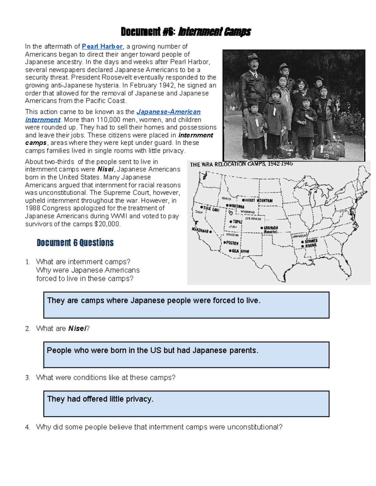 E DPQ 6 - US History - Document #6: Internment Camps In the aftermath ...