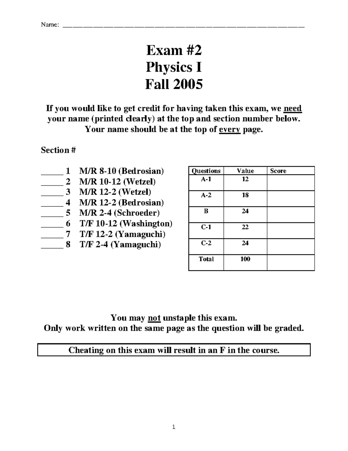 Phys-1100exam2-F05 - old back exams for physics STUDY MATERIAL - Exam ...