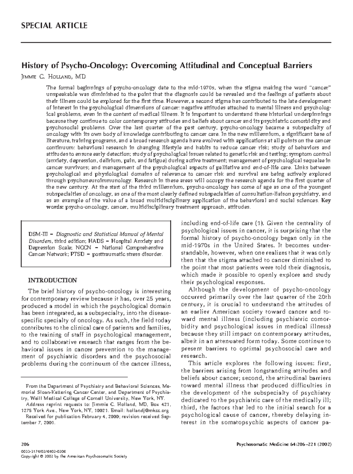 History of psycho-oncology - overcoming attitudinal and conceptual barriers - SPECIAL ARTICLE ...